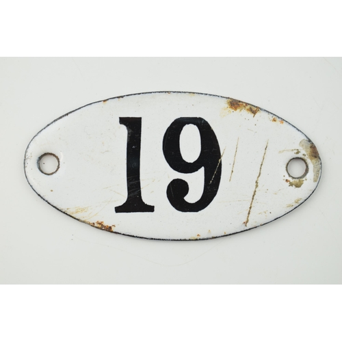 Vintage enamel sign with number '19', ideal for a house name, 7.5cm wide.