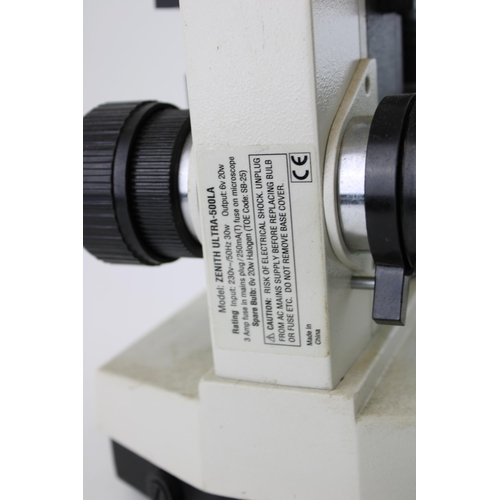 A 'Zenith' Ultra - 500LA binocular microscope. Height 36cm.
