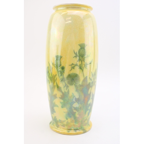 Ruskin vase decorated with thistles pattern in green on yellow ground ...