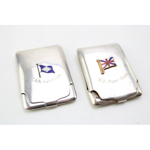 Hallmarked silver & enamel maritime match case, & plated similar