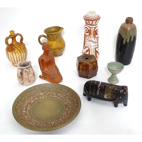 A quantity of assorted studio pottery wares to include slipware jugs ...