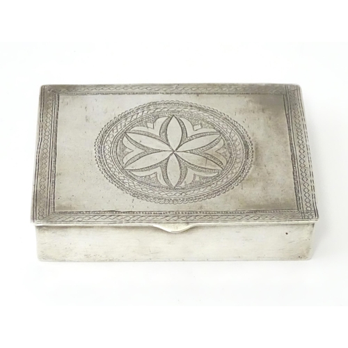A white metal box with hinged lid. Approx. 3 1/4" wide