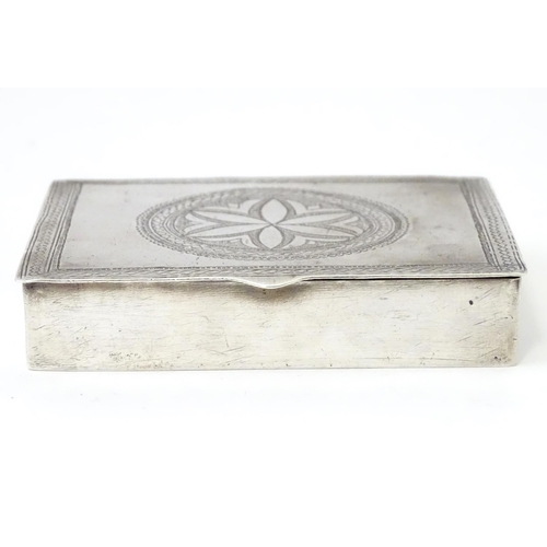 A white metal box with hinged lid. Approx. 3 1/4" wide