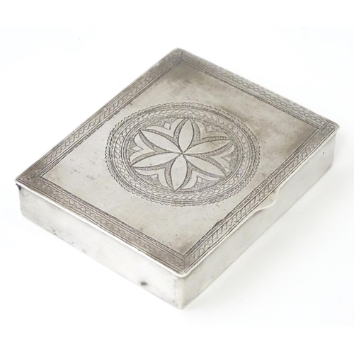 A white metal box with hinged lid. Approx. 3 1/4" wide