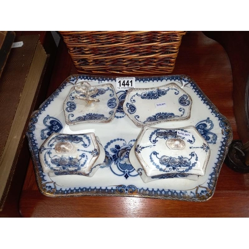 A gilt edged floral blue & white porcelain dressing table set (no ...