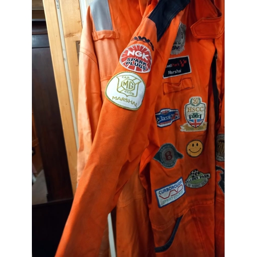 2 x BMMC Marshalls track day overalls 1 covered in period patches ...
