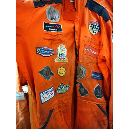 2 x BMMC Marshalls track day overalls 1 covered in period patches ...