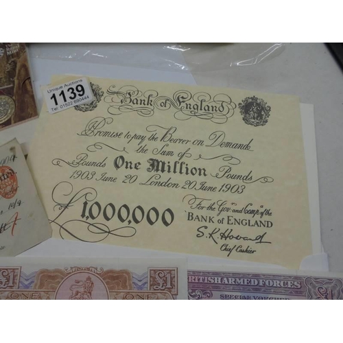 A mixed lot of UK banks notes including replica £1,000,000 note.