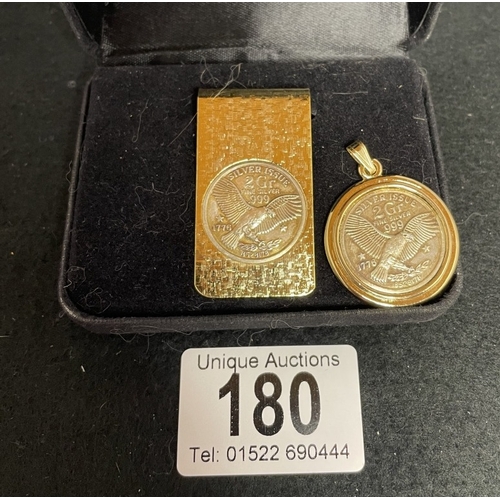 Two silver issue 2 Gr 1776 coins in a money clip & pendant