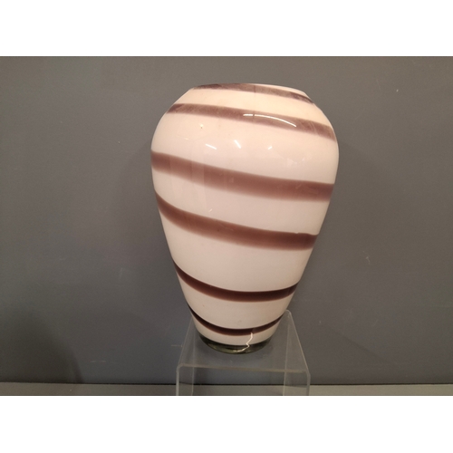 A white & Purple glass vase 30cm high & a wooden elephant