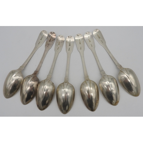 SEVEN IRISH SILVER RAT TAIL DESSERT SPOONS, fiddle pattern with ...