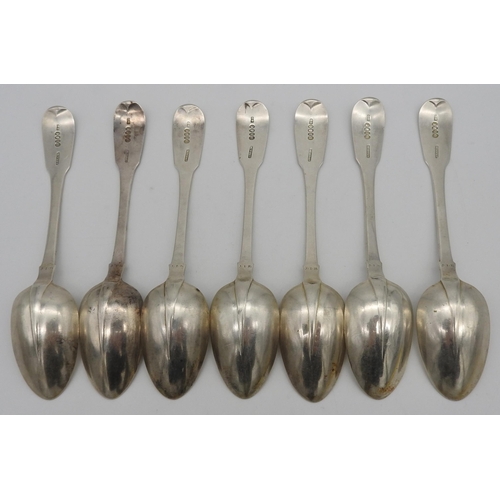 SEVEN IRISH SILVER RAT TAIL DESSERT SPOONS, fiddle pattern with ...