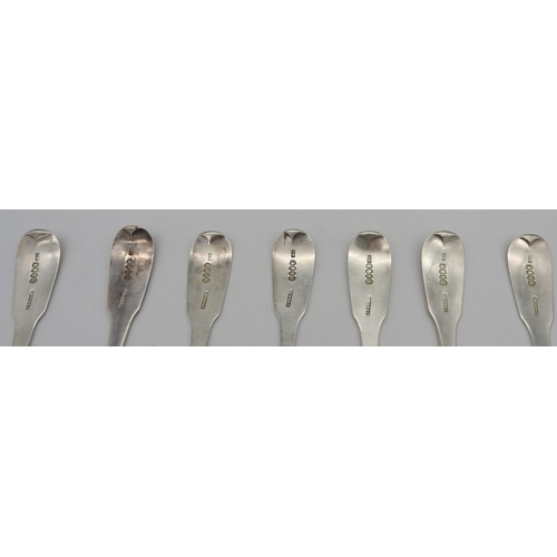 SEVEN IRISH SILVER RAT TAIL DESSERT SPOONS, fiddle pattern with ...