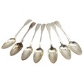 SEVEN IRISH SILVER RAT TAIL DESSERT SPOONS, fiddle pattern with ...