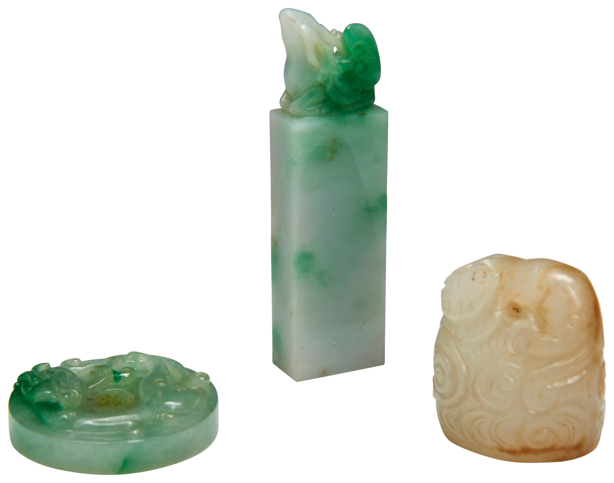 A CHINESE CARVED JADEITE SEAL20TH CENTURY6cm high; together with A ...