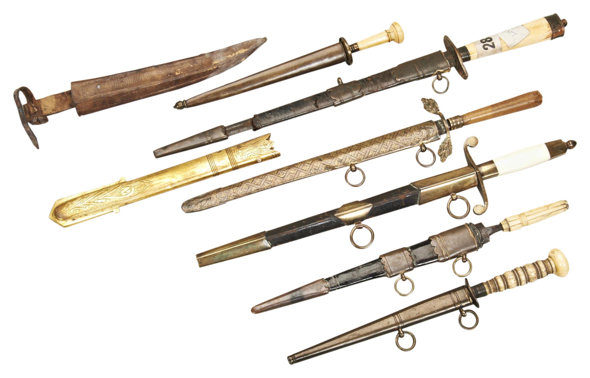 A CONTINENTAL DRESS DAGGER AND VARIOUS OTHER DAGGERS, SHEATHS AND PARTS ...