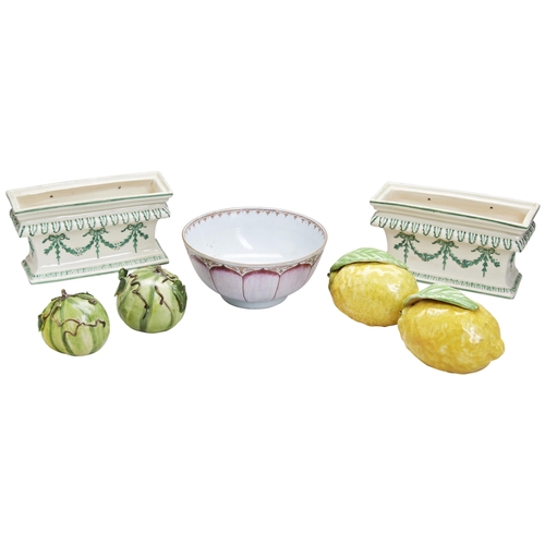 PAIR OF SWAG DECORATED WALL POCKETS, 2 LEMONS, 2 MELONS AND A LOTUS ...