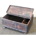 A SMALL INDIAN TEAK IRON BANDED BOX, with notched line ...