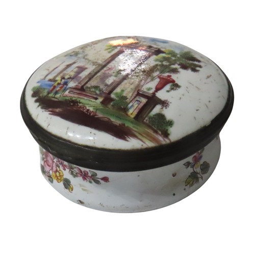 BILSTON ENAMEL BOX the lid decorated with a classical capriccio of ...