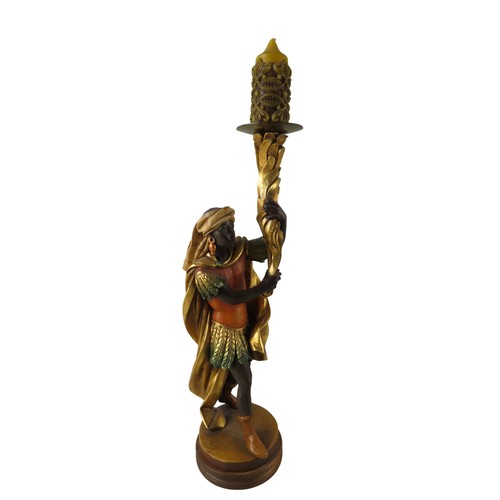 A VENETIAN CARVED WOODEN BLACKAMORE CANDLESTICK, with polychrome ...