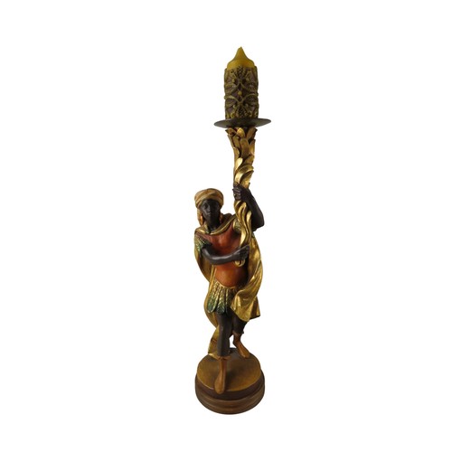 A VENETIAN CARVED WOODEN BLACKAMORE CANDLESTICK, with polychrome ...