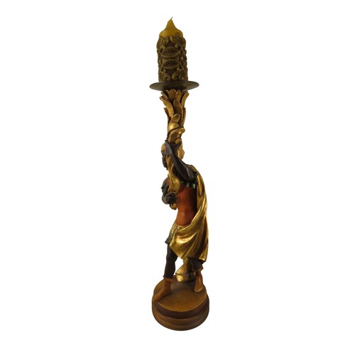 A VENETIAN CARVED WOODEN BLACKAMORE CANDLESTICK, with polychrome ...