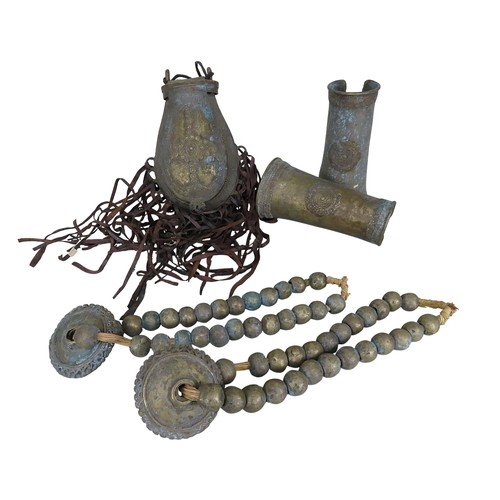 A BENIN STYLE COPPER ALLOY MEDICINE CONTAINER in two parts with leather ...