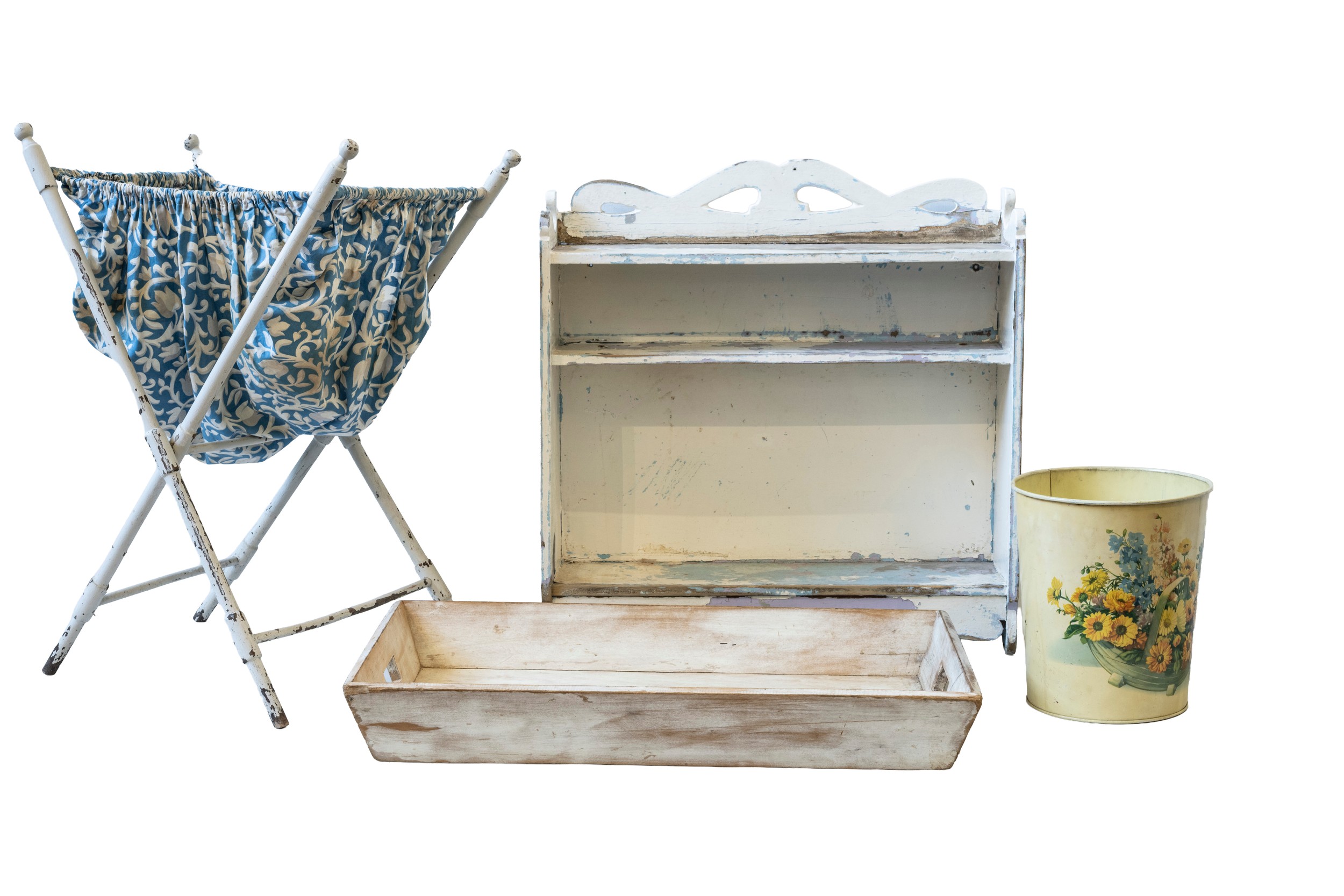 DISTRESSED PAINTED WALL SHELF with a vintage floral wastepaper basket ...