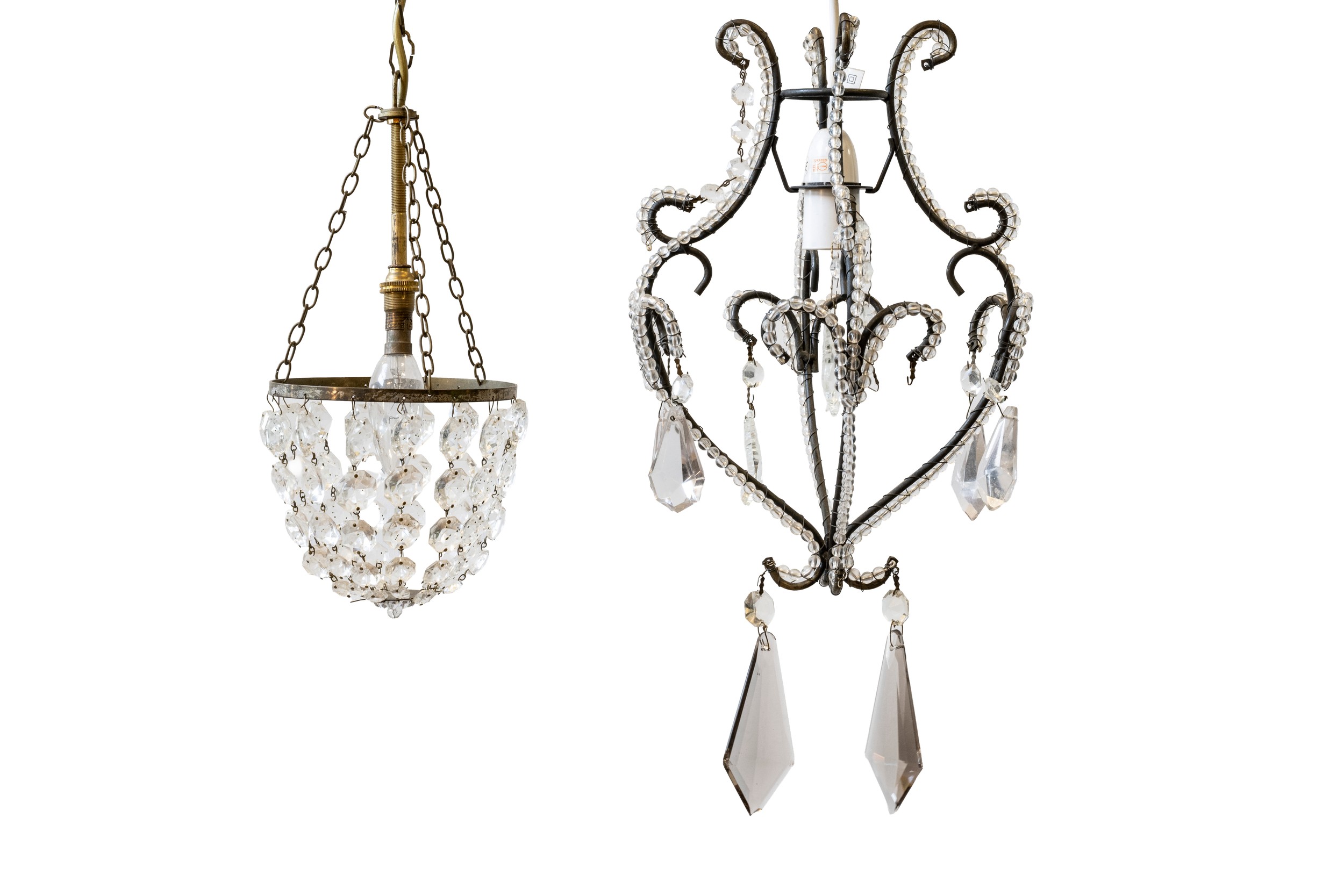 TWO GLASS LIGHT FITTINGS consisting of a small glass basket chandelier ...