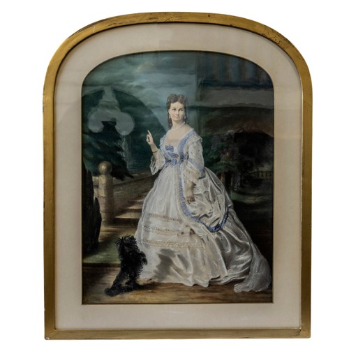 ENGLISH SCHOOL, PORTRAIT OF A VICTORIAN LADY WITH DOG, set in a garden ...