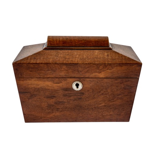 A MAHOGANY SARCOPHAGUS TEA CADDY19TH CENTURYwith two compartments. 16 x ...