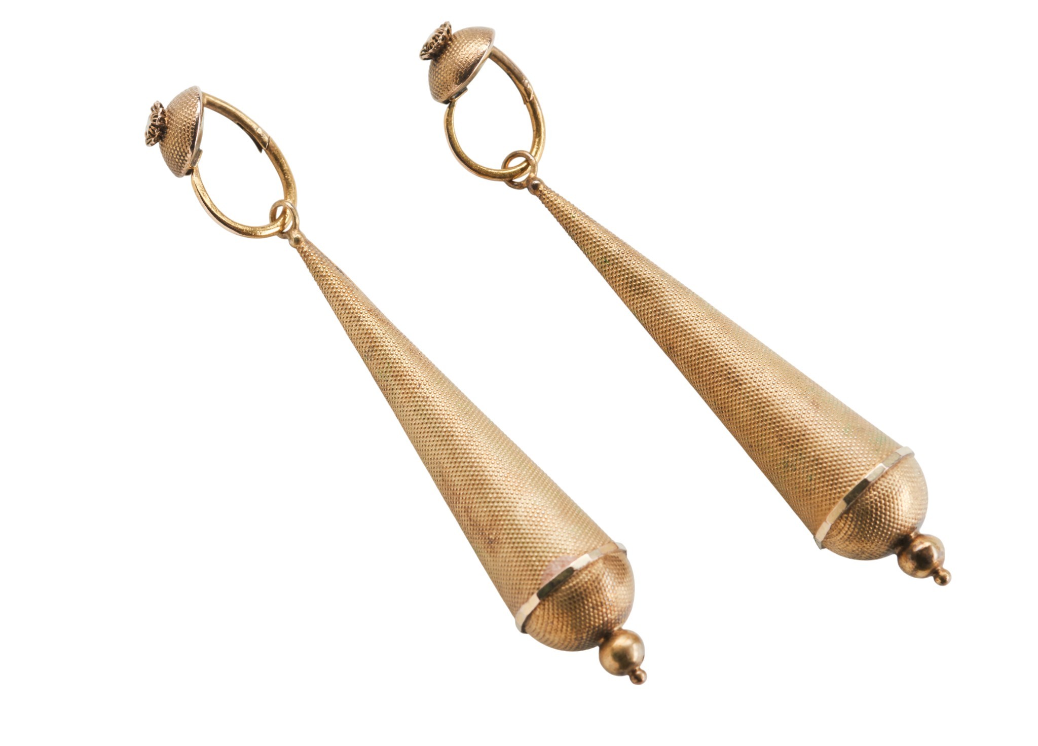 A PAIR OF LATE VICTORIAN EAR PENDANTS, CIRCA 1880, the textured drops ...