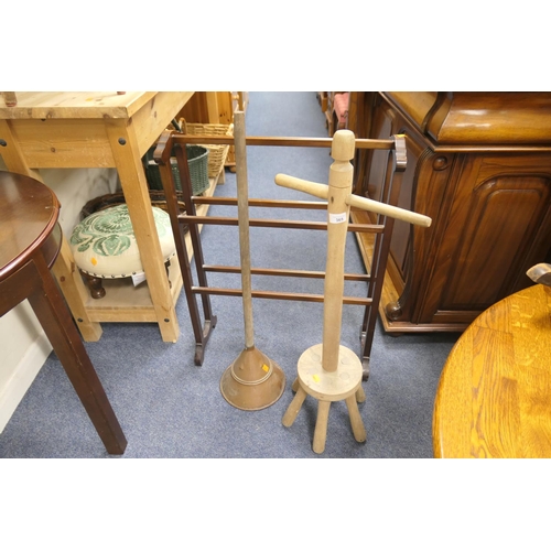 Victorian wooden dolly peg, copper posser and a mahogany towel rail (3)
