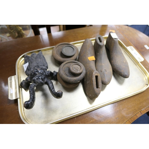 Beetle form cast iron boot jack, three shoe lasts and scale weights