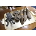 Beetle form cast iron boot jack, three shoe lasts and scale weights