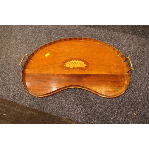 Edwardian mahogany and shell inlaid kidney shaped serving tray with ...