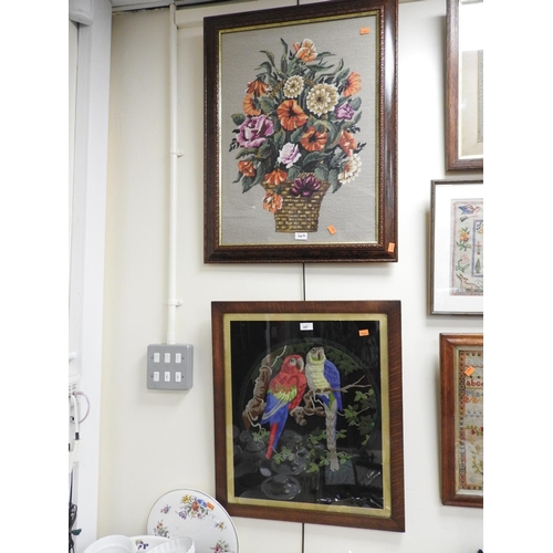 Framed gros point needlework tapestry featuring a basket of flowers ...