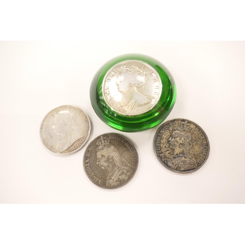 Three Victorian Crowns 1890, 1892, 1893; also Queen Anne coin of 1707 ...