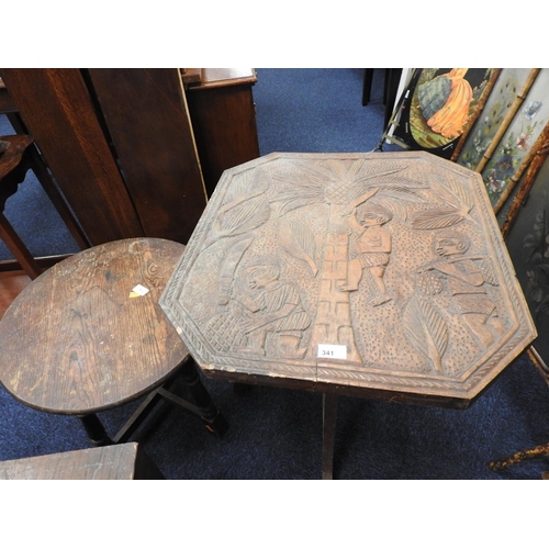 African carved wooden folding table; also an oak circular occasional ...
