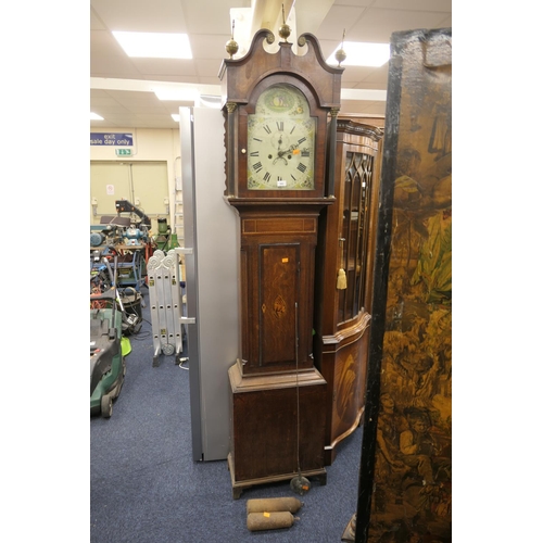 Provincial oak inlaid painted dial eight day long case clock, height 218cm