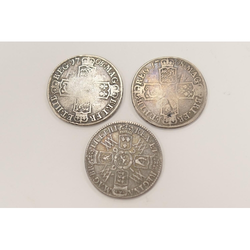 William & Mary half crown, 1692 (F/VF), also two Queen Anne half crowns ...