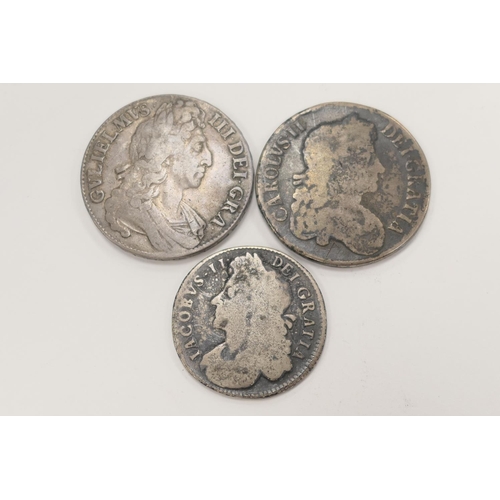 Charles II crown (worn), also a James II half crown, 1687 (worn), and a ...