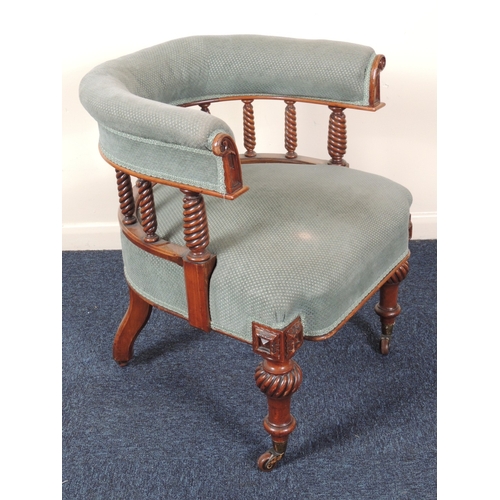 Victorian walnut and green fabric upholstered tub chair, bow back with ...
