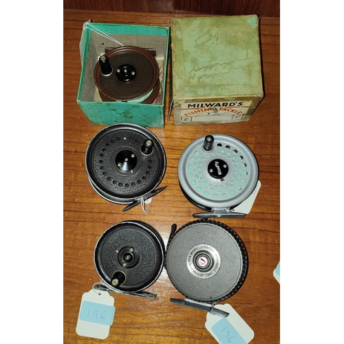 Five various vintage fishing reels, Milward's 'Flymaster Junior' reel 2 ...