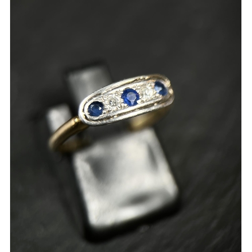 An Art Deco 'gypsy' style ring set 3 sapphires and 2 old cut diamonds ...