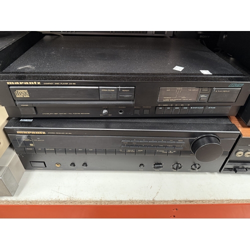 Two Marantz stacking pieces and a selection of Pioneer stacking music items
