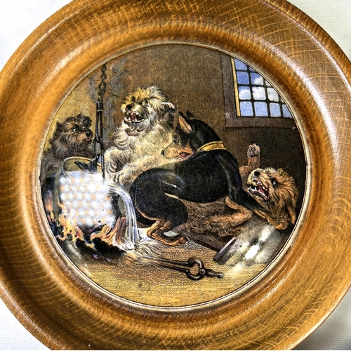 5 Prattware pot lids, animal subjects, wood framed.