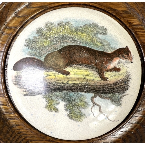 5 Prattware pot lids, animal subjects, wood framed.
