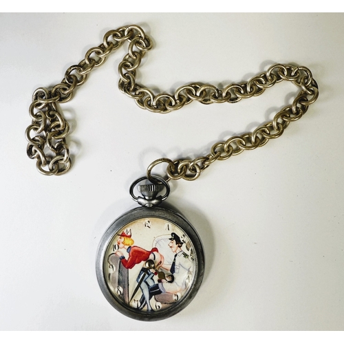 A Novelty pocket watch with 'erotic' scene to dial on white metal ...