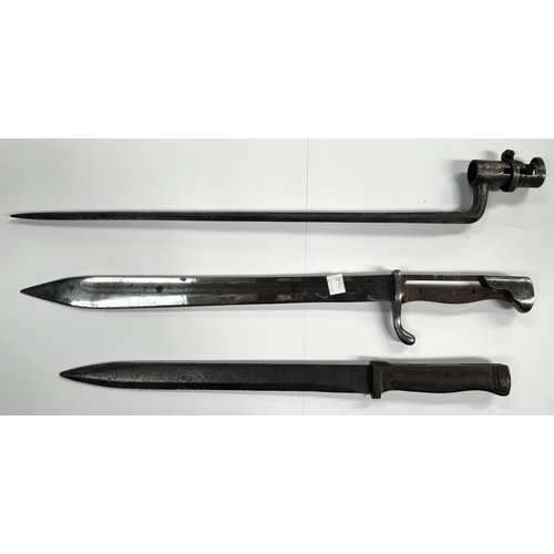 An 1839 trifoil bladed bayonet stamped, A German WWI Bayonet and another